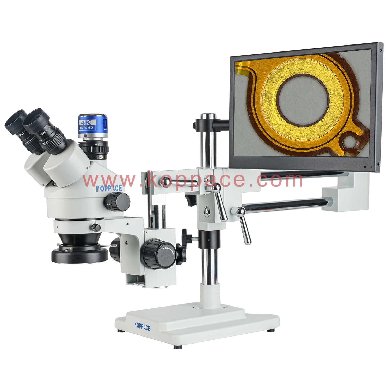 KOPPACE 4K HD Stereo Microscope 3.5X-180X Continuous Zoom Lens Trinocular Interface Synchronous ...