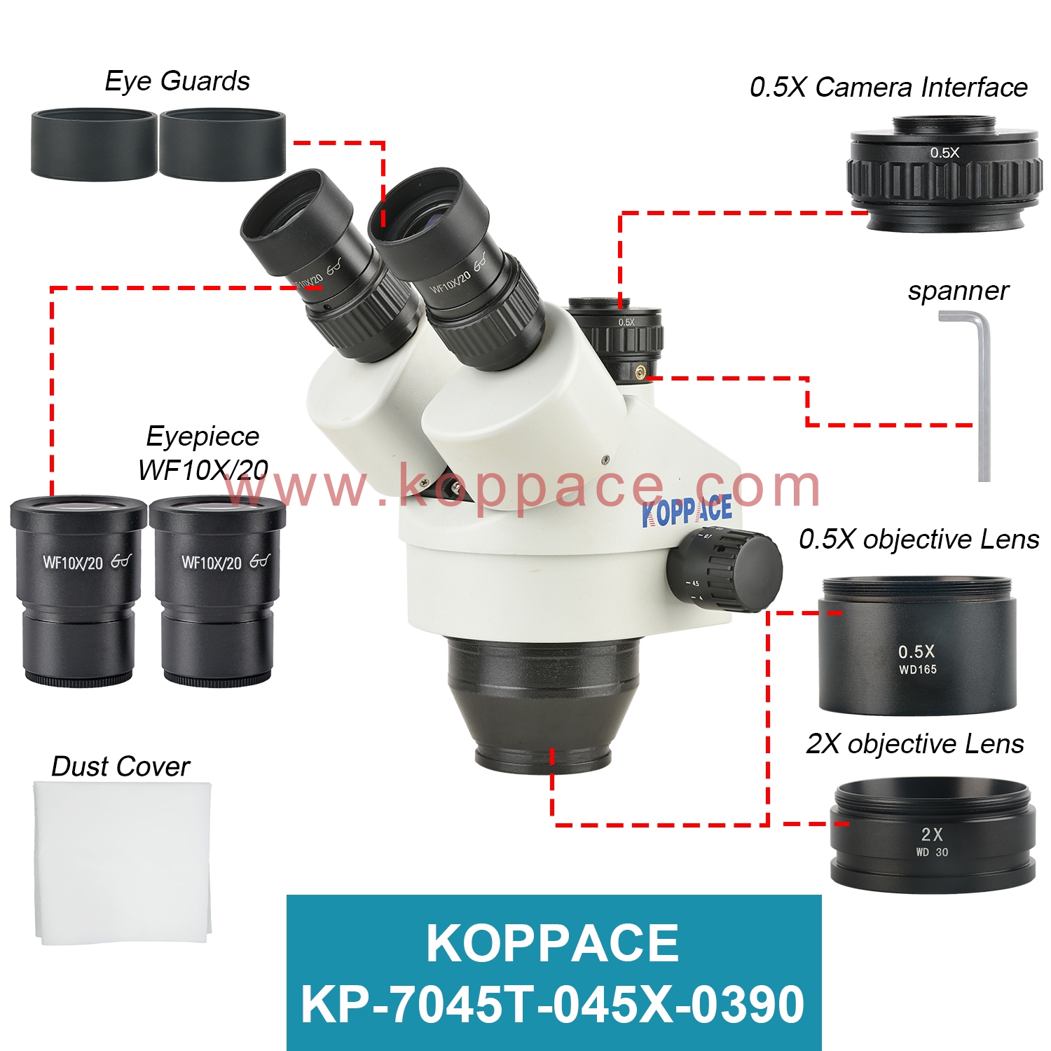 KOPPACE 3.5X-90X Triocular Stereo Microscope Lens 0.5X Triocular interface