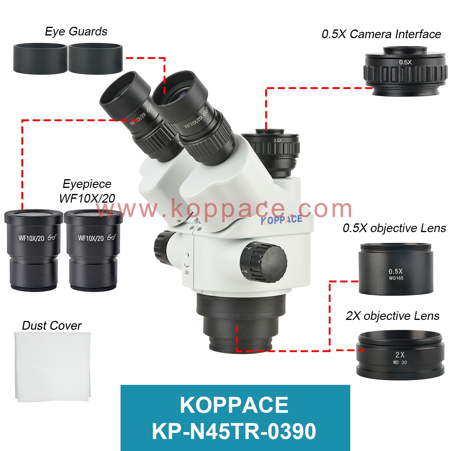 KOPPACE 3.5X-90X Triocular Stereo Microscope Lens Contains 0.5X and 2X Auxiliary Objectives 0.5X ...