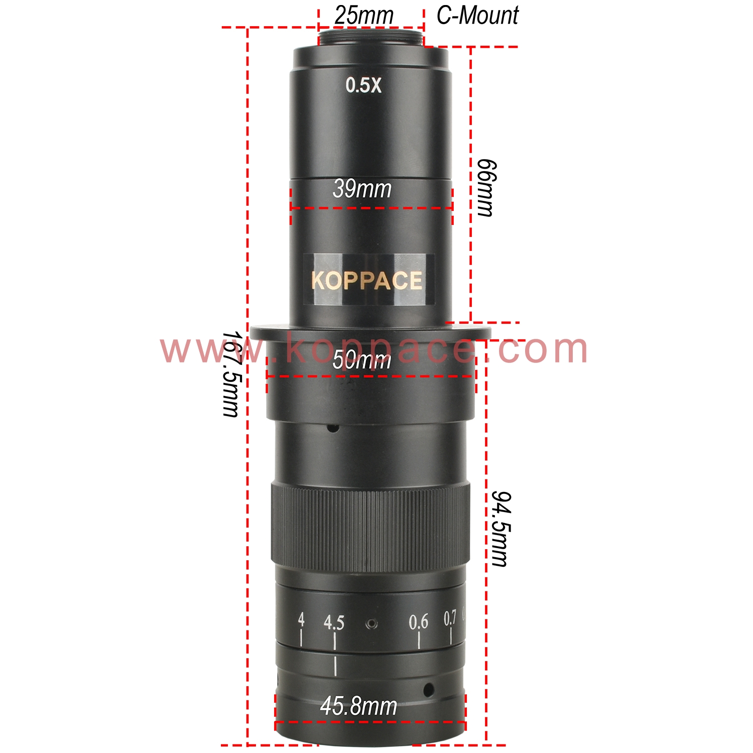 KOPPACE 20X-153X HD C-Mount Microscope Lens 0.6X-4.5X Continuous Zoom Lens