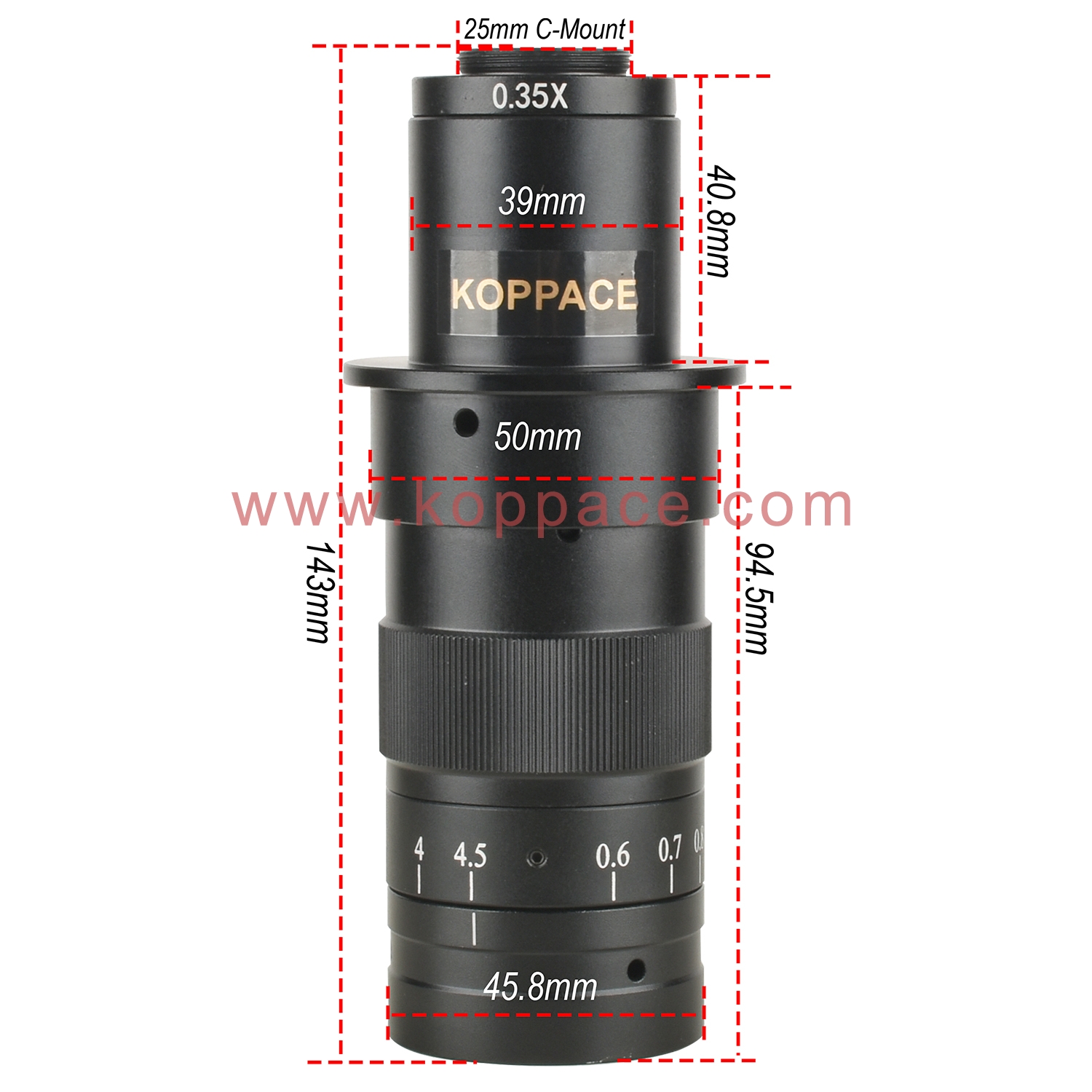 KOPPACE 14X-107X C-Mount HD Microscope lens 0.6X-4.5X Continuous Zoom Lens