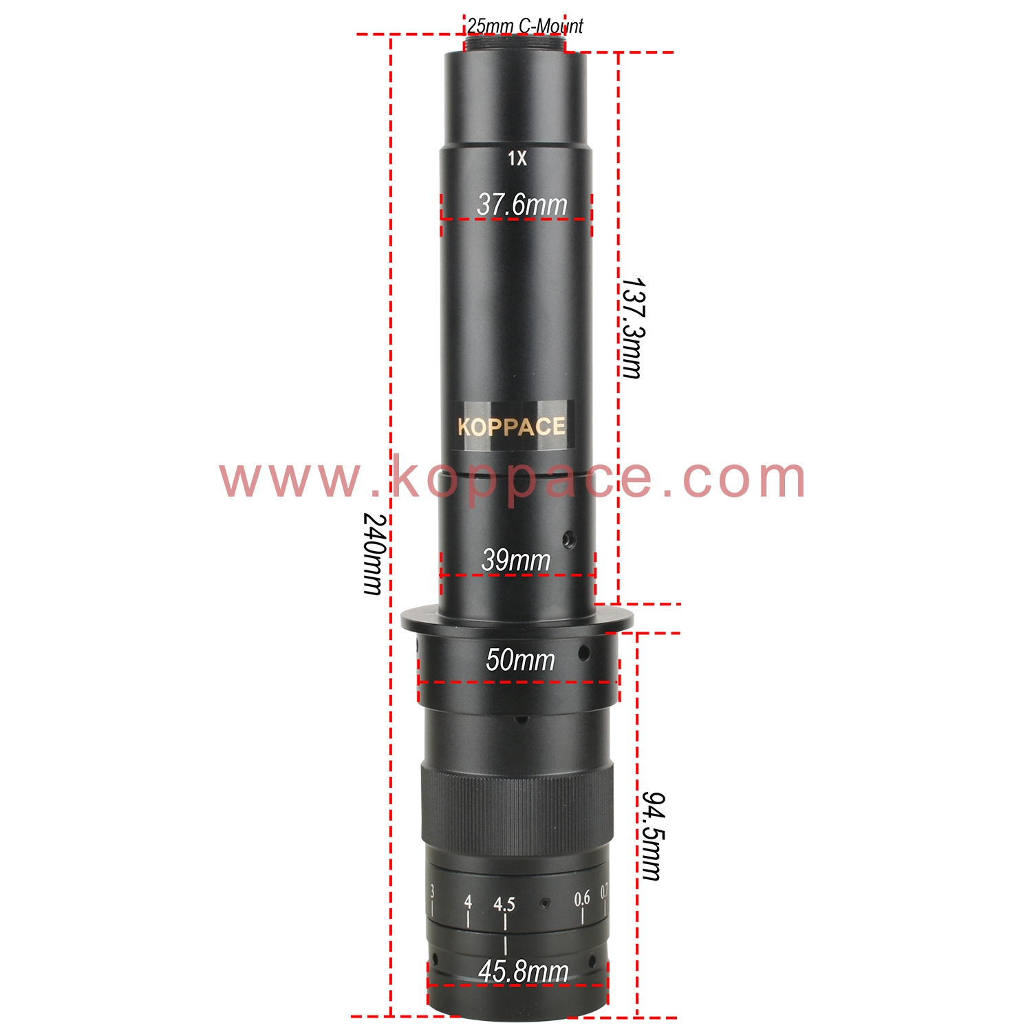 KOPPACE 41X-307X HD Microscope Lens C-Mount 0.6X-4.5X Continuous Zoom Lens